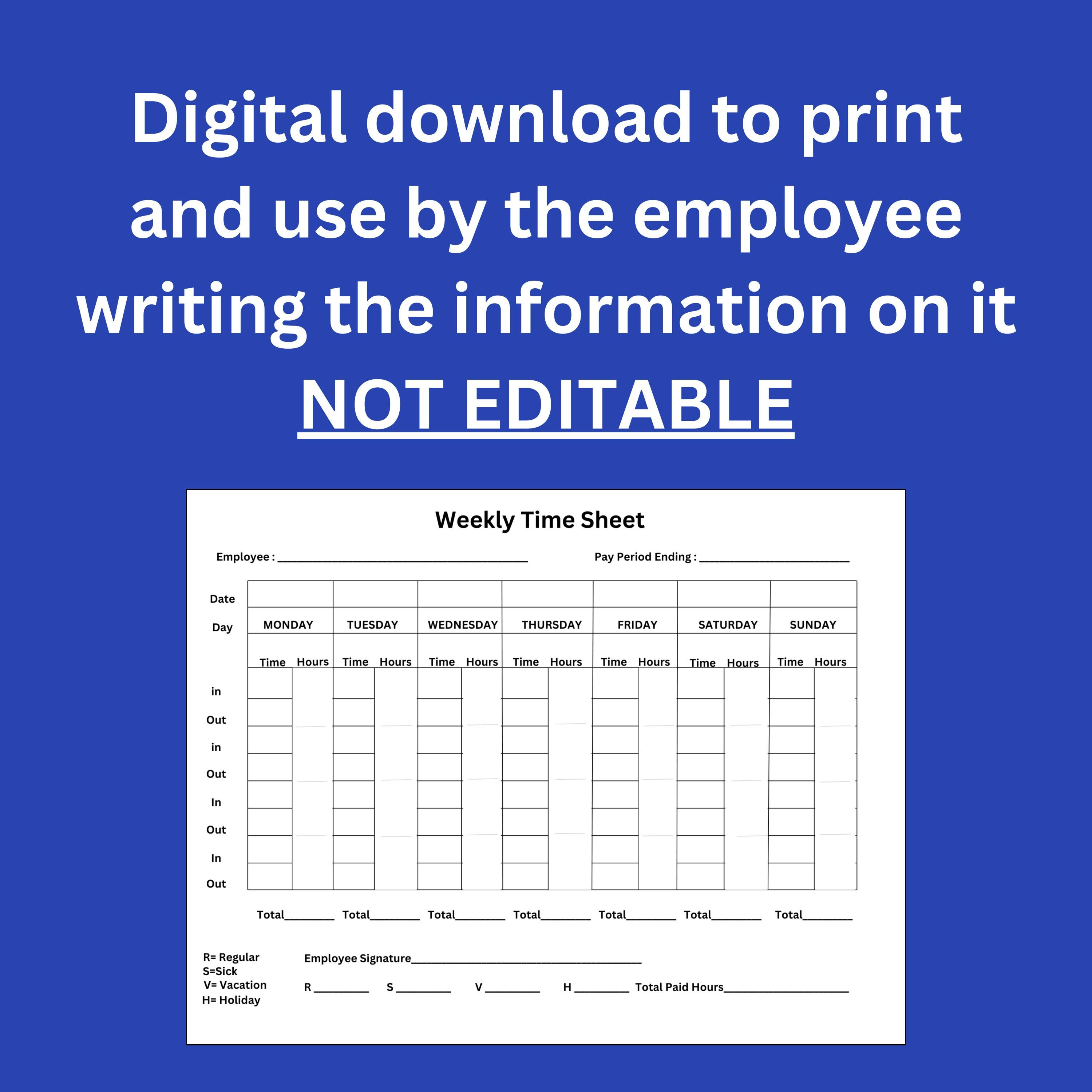 Time Sheet, 1 Week Time Card, Time Sheet 4 in Outs, Payroll Time Sheet ...