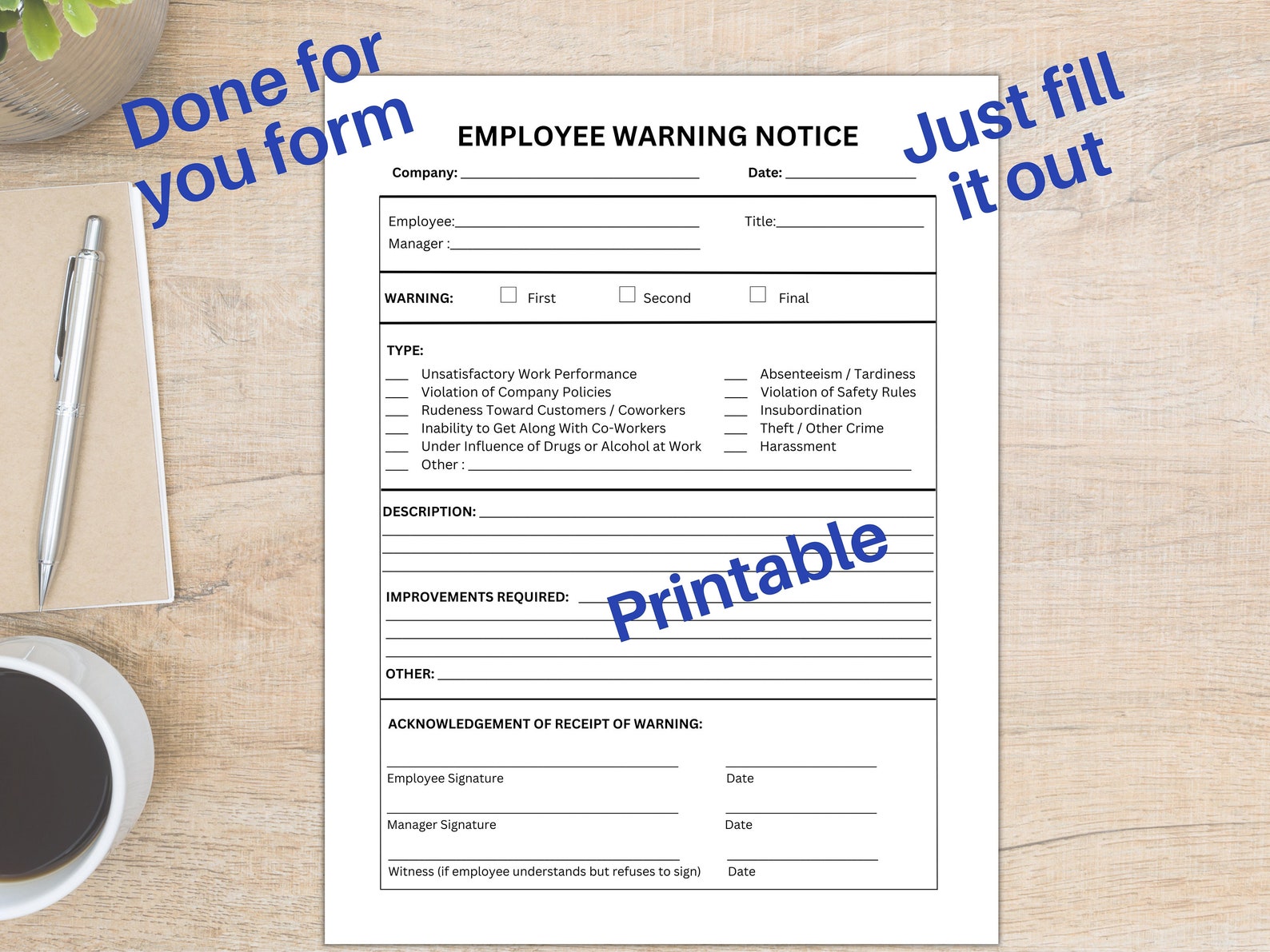 Employee Write up Form, Disciplinary Form, Employee Warning, Employee ...
