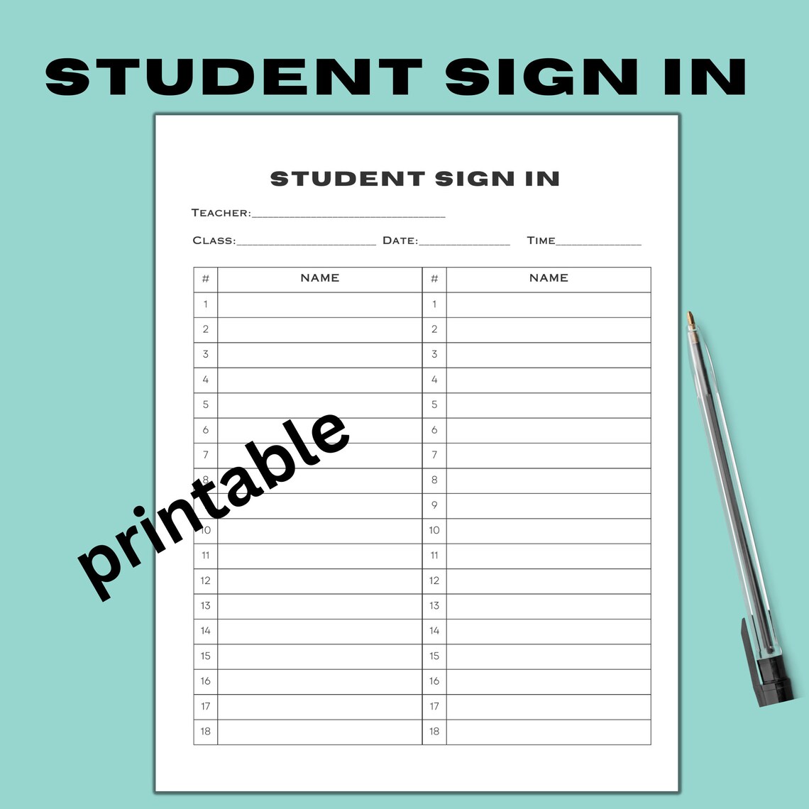Student Sign in Sheet, Student Sign in Log, Attendance Log, Attendance ...