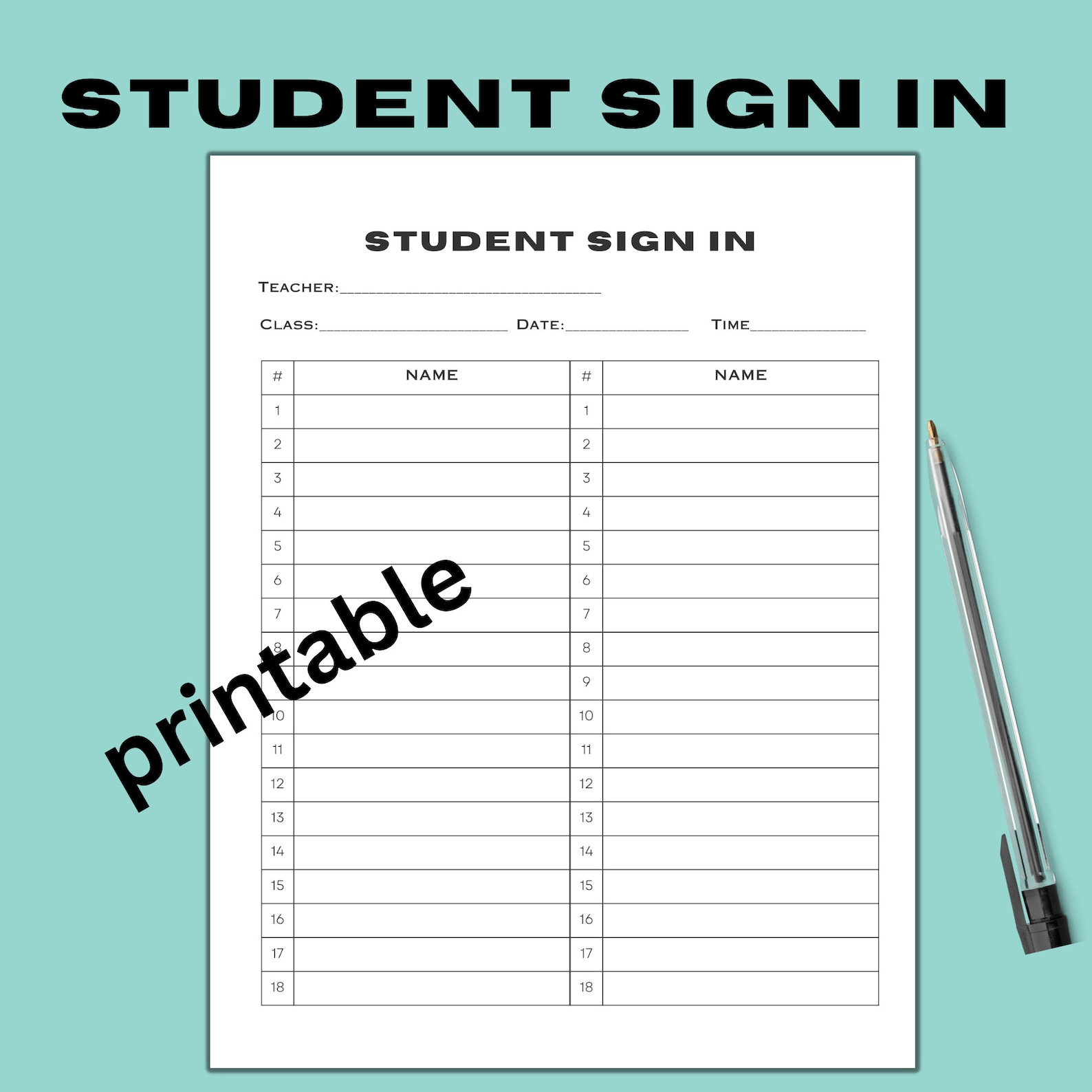 Student Sign in Sheet, Student Sign in Log, Attendance Log, Attendance ...