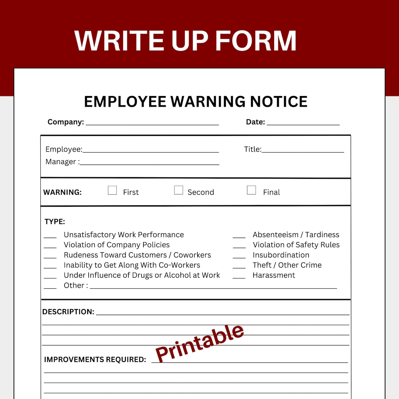 Employee Write up Form, Staff Write up Form, Employee Write up Format ...