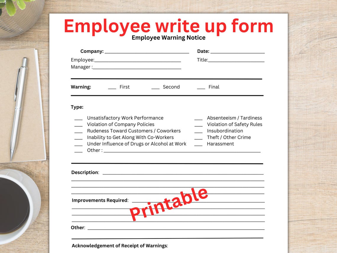 Employee Write up Form, Staff Write up Form, Write up Form, Workplace ...