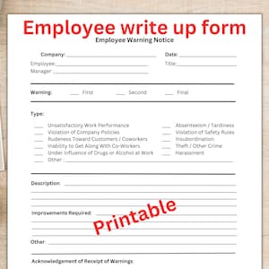 Employee Write up Form, Staff Write up Form, Write up Form, Workplace ...