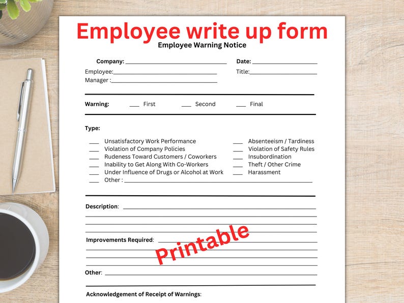 Employee Write up Form, Staff Write up Form, Write up Form, Workplace ...
