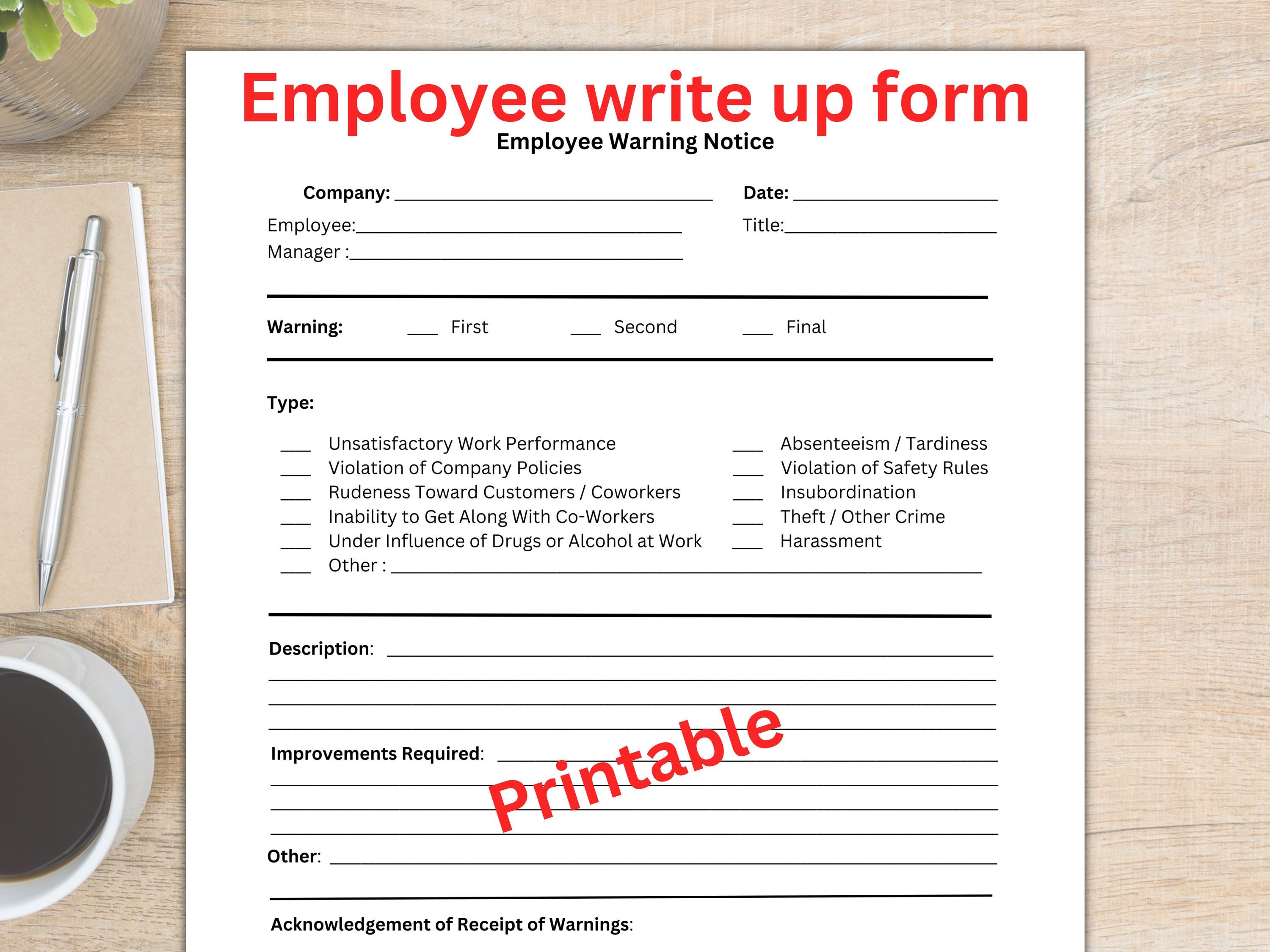Employee Write up Form, Staff Write up Form, Write up Form, Workplace ...