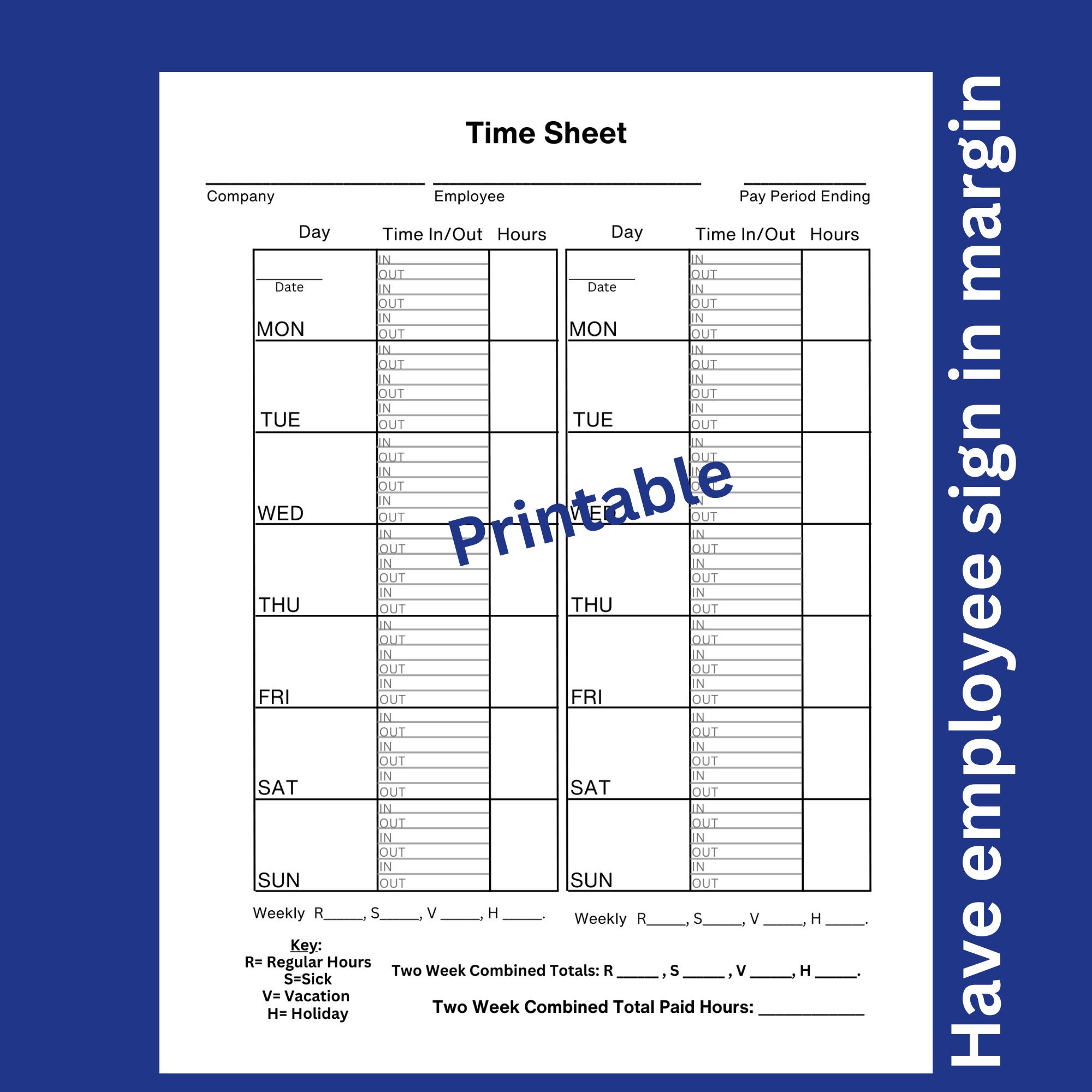 Timesheet, Timesheet for Employees, Printable Timesheet, Biweekly ...