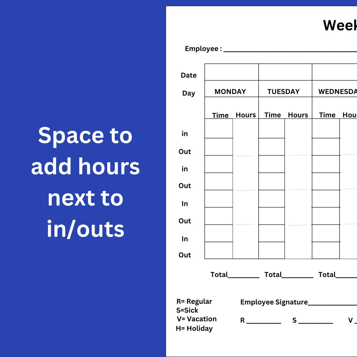 Time Sheet, 1 Week Time Card, Time Sheet 4 in Outs, Payroll Time Sheet ...