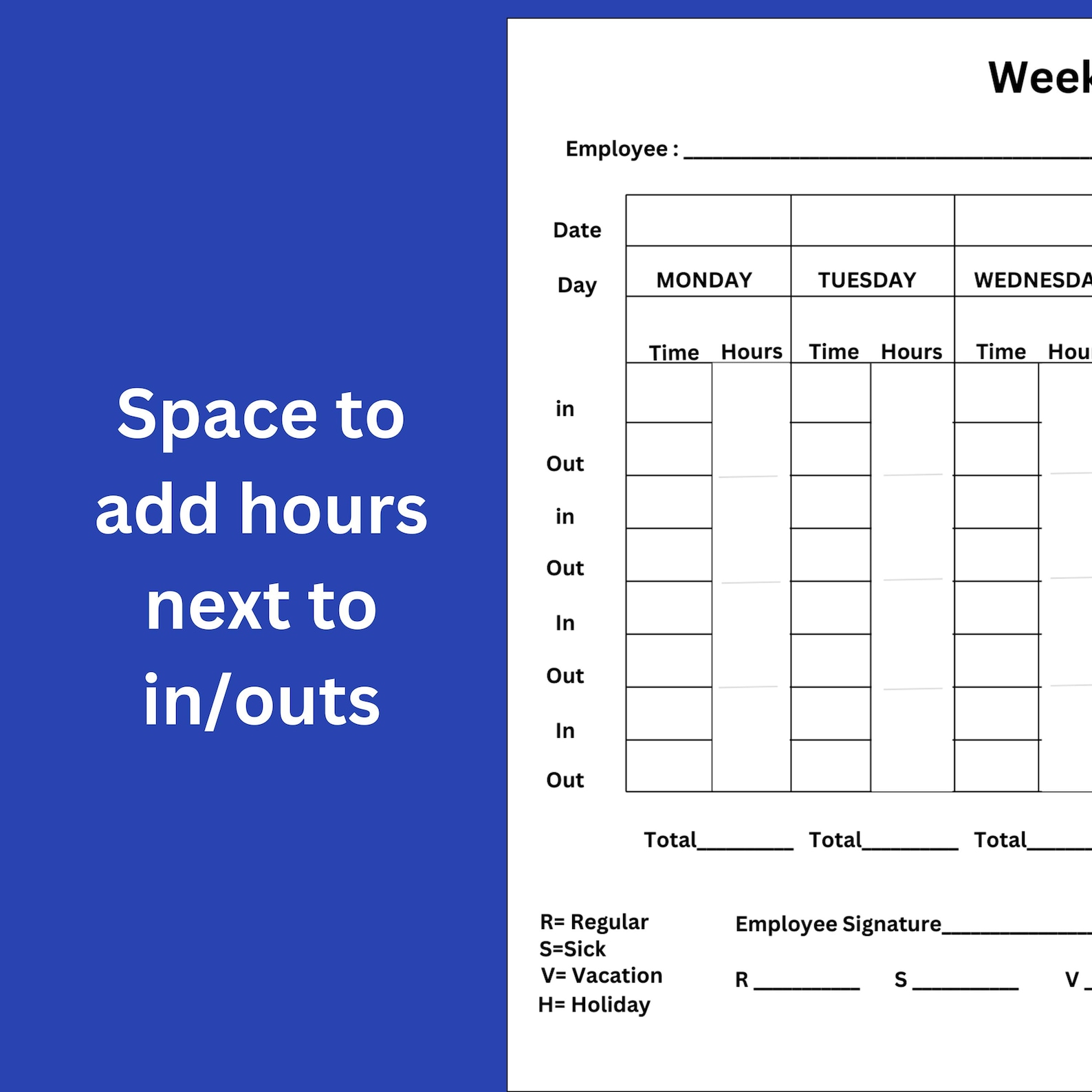 Time Sheet, 1 Week Time Card, Time Sheet 4 in Outs, Payroll Time Sheet ...