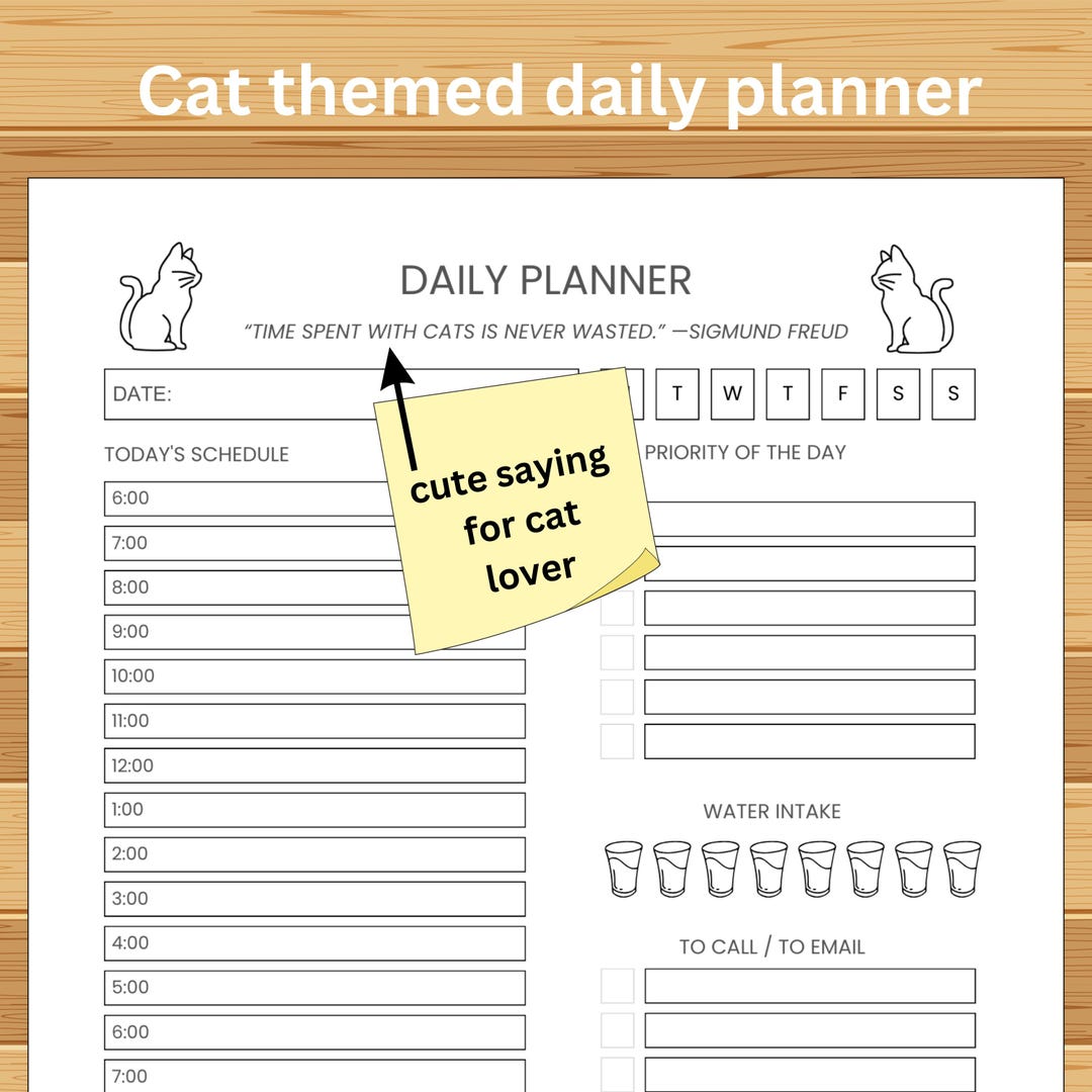 Cat Themed Planner, Daily Planner, Day Planner, Hourly Planner, Work ...