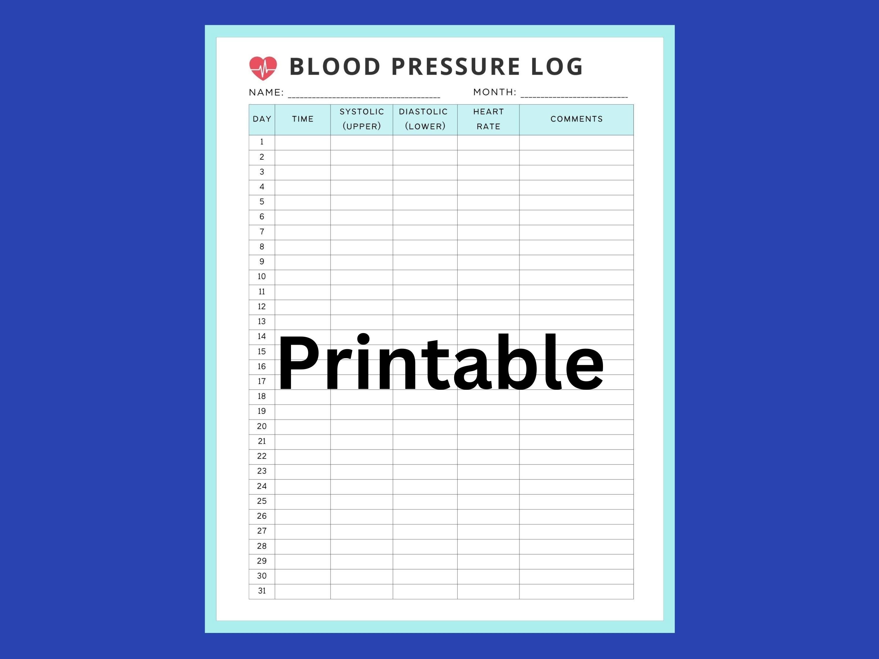 Blood Pressure Chart, Blood Pressure Log, Blood Pressure Tracker, Blood ...