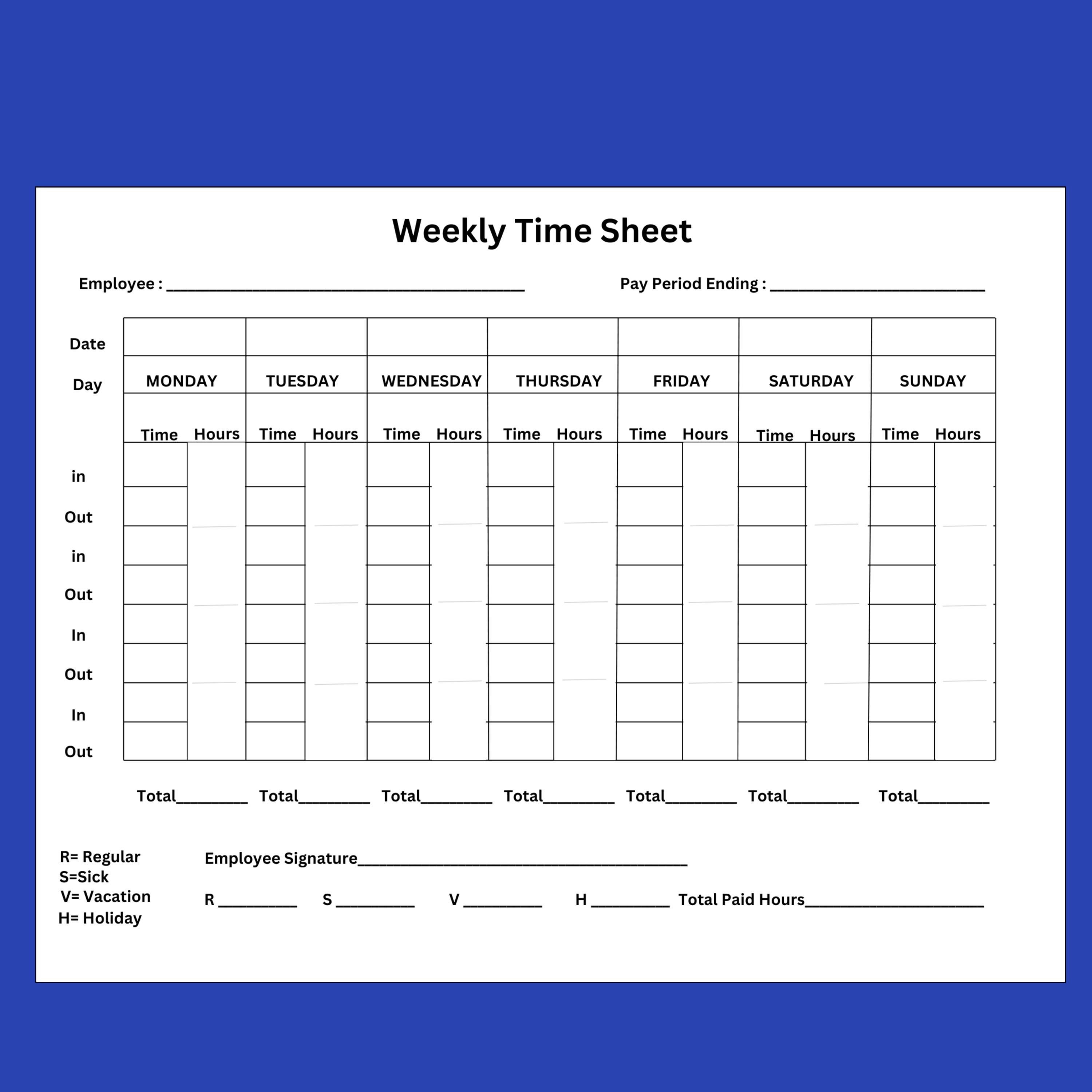 Time Sheet, 1 Week Time Card, Time Sheet 4 in Outs, Payroll Time Sheet ...