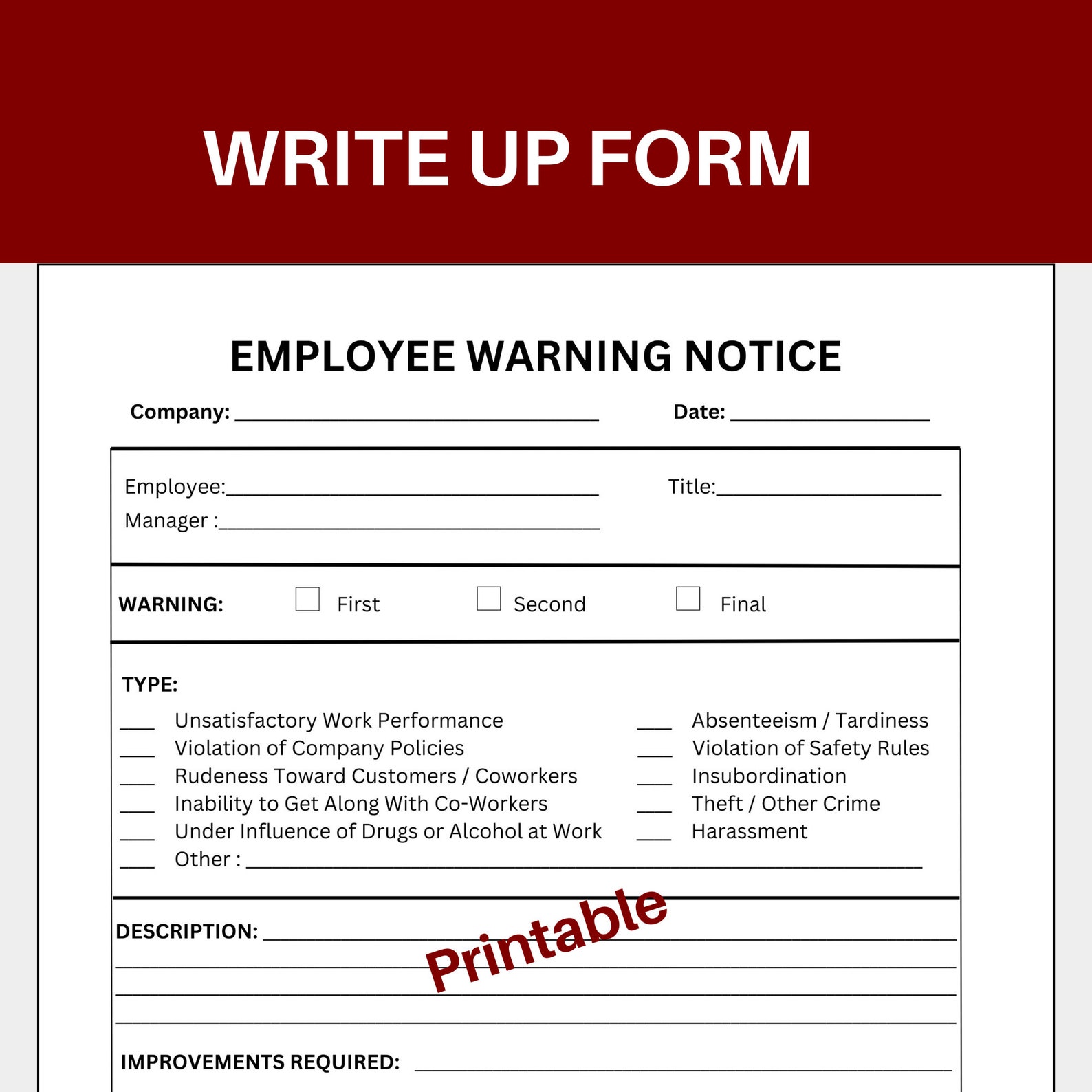 Employee Write up Form, Staff Write up Form, Employee Write up Format ...