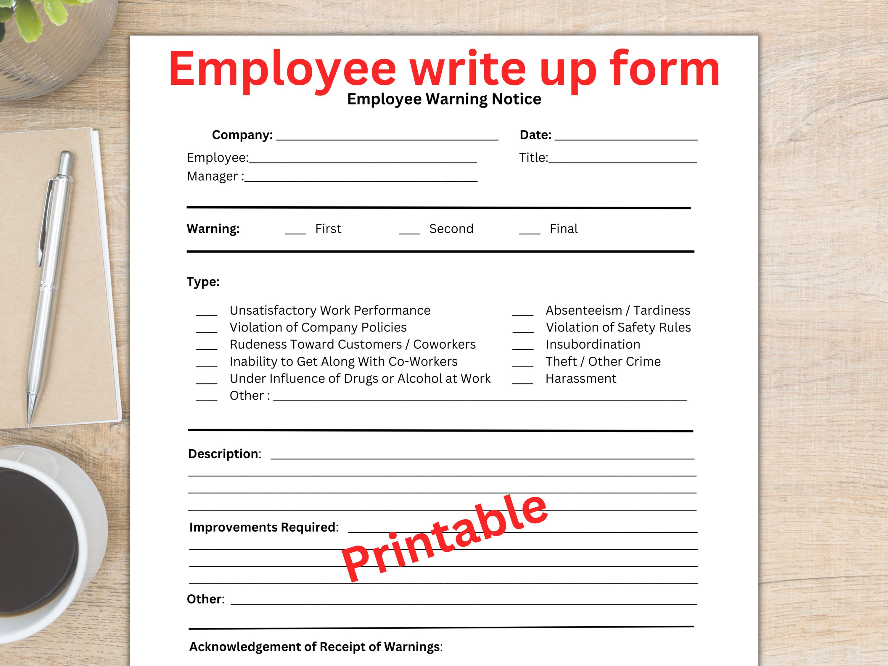 Employee Write up Form, Staff Write up Form, Write up Form, Workplace ...