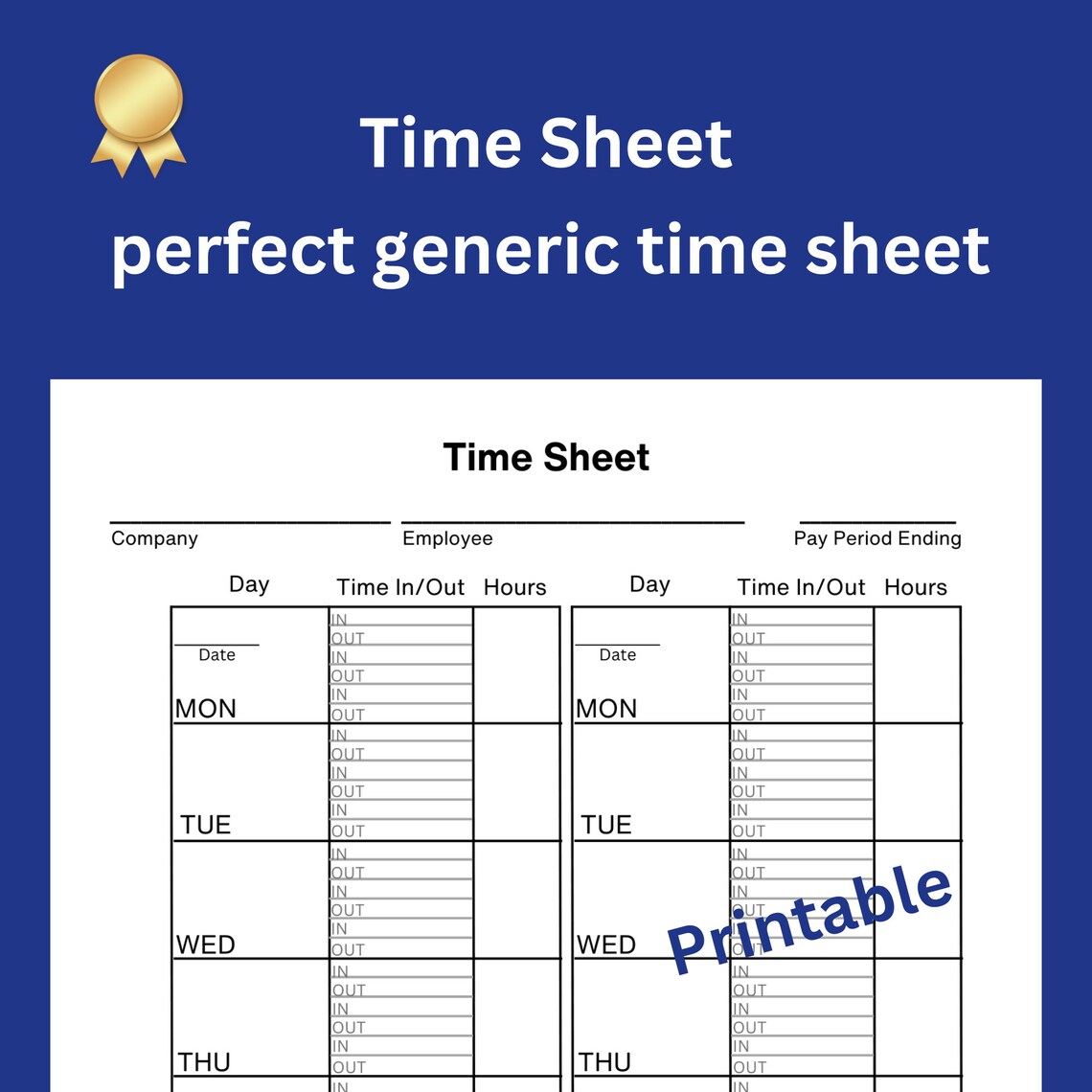 Timesheet, Timesheet for Employees, Printable Timesheet, Biweekly ...