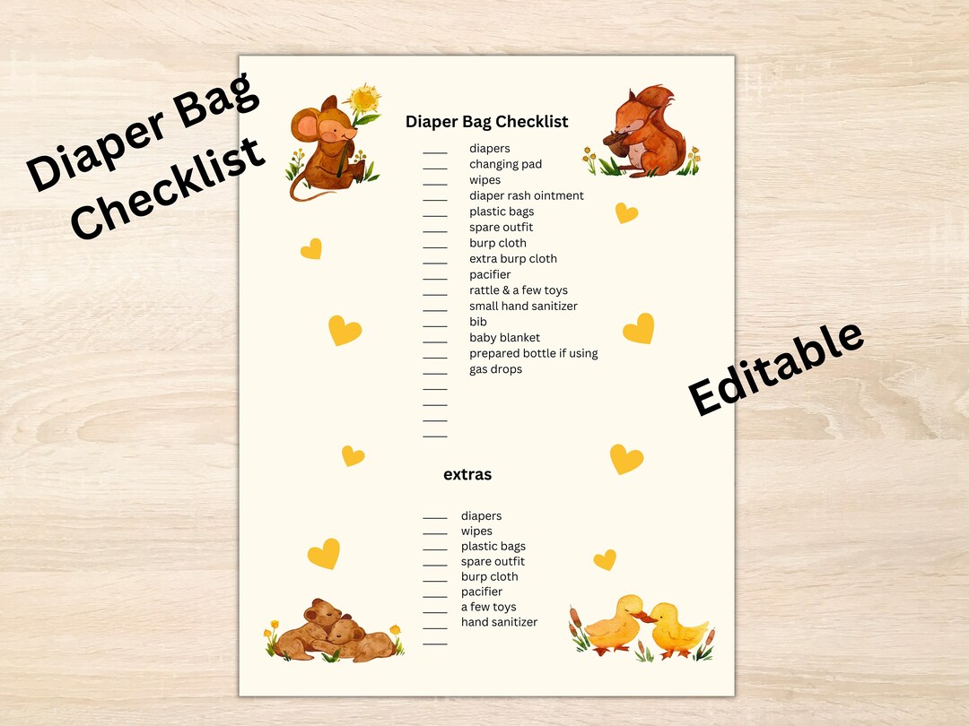 Editable Diaper Bag Checklist, Diaper Bag List, Diaper Bag Essentials ...