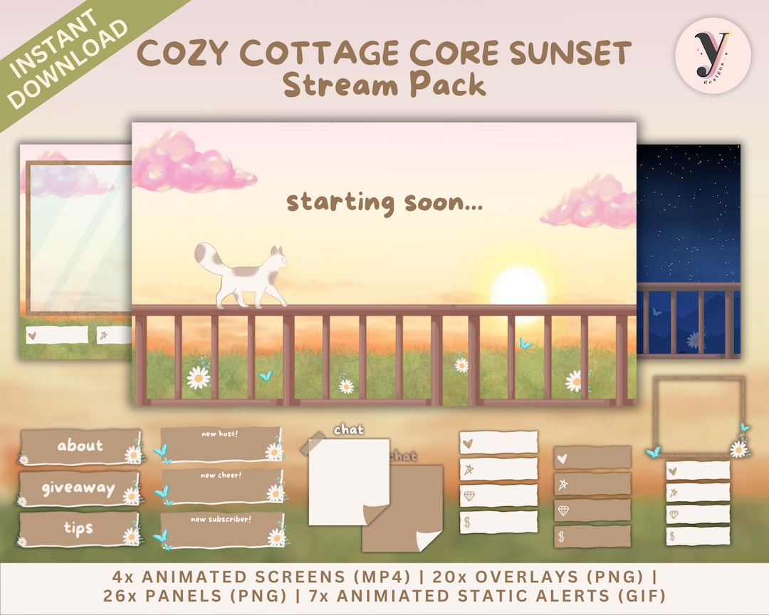 Cozy Cottage Core Sunset Cat Twitch / Youtube Stream Pack - Animated ...