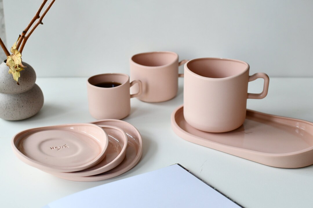 PINK PORCELAIN MUG Set With Tray or Saucer, Handmade Ceramic Mug Set ...