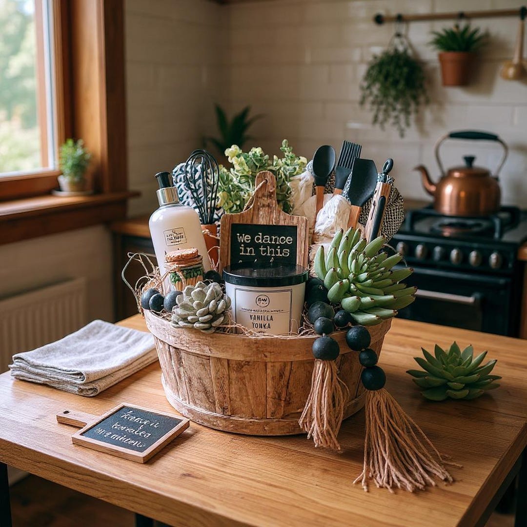 Luxury Kitchen Gift Basket: Woven Potholders, Scented Candle & Wooden ...