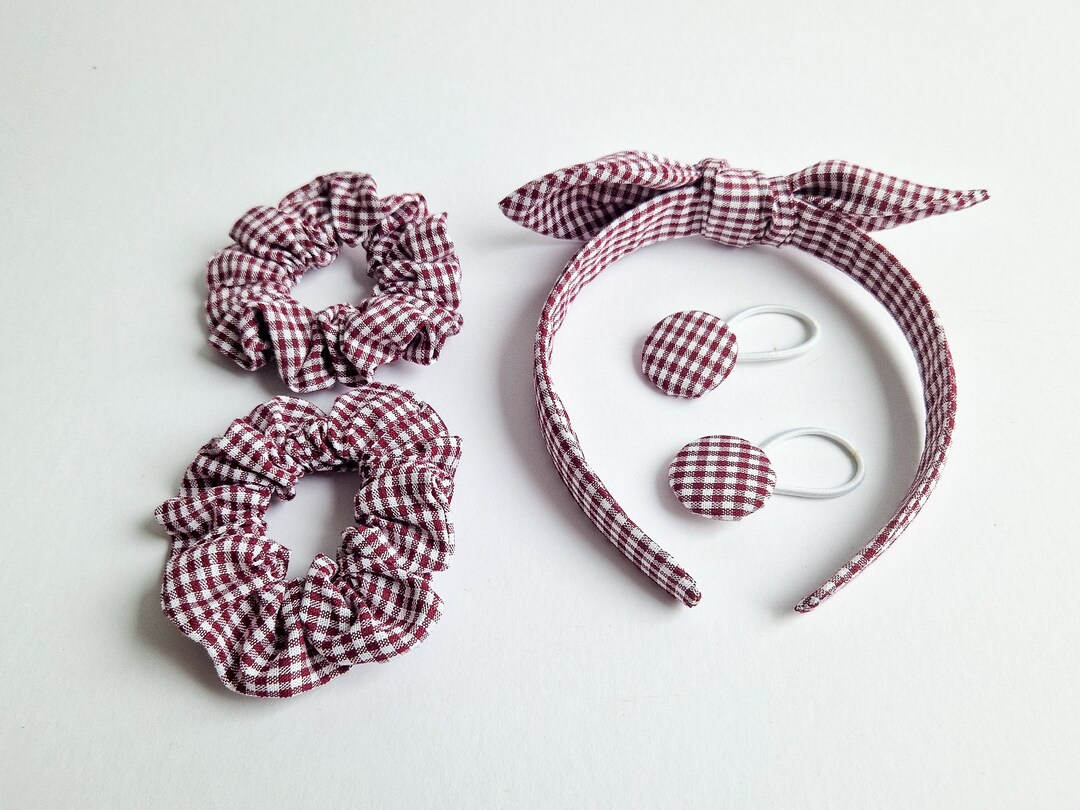 Girls School Hair Accessories Set, Maroon (deep Red) Gingham School ...