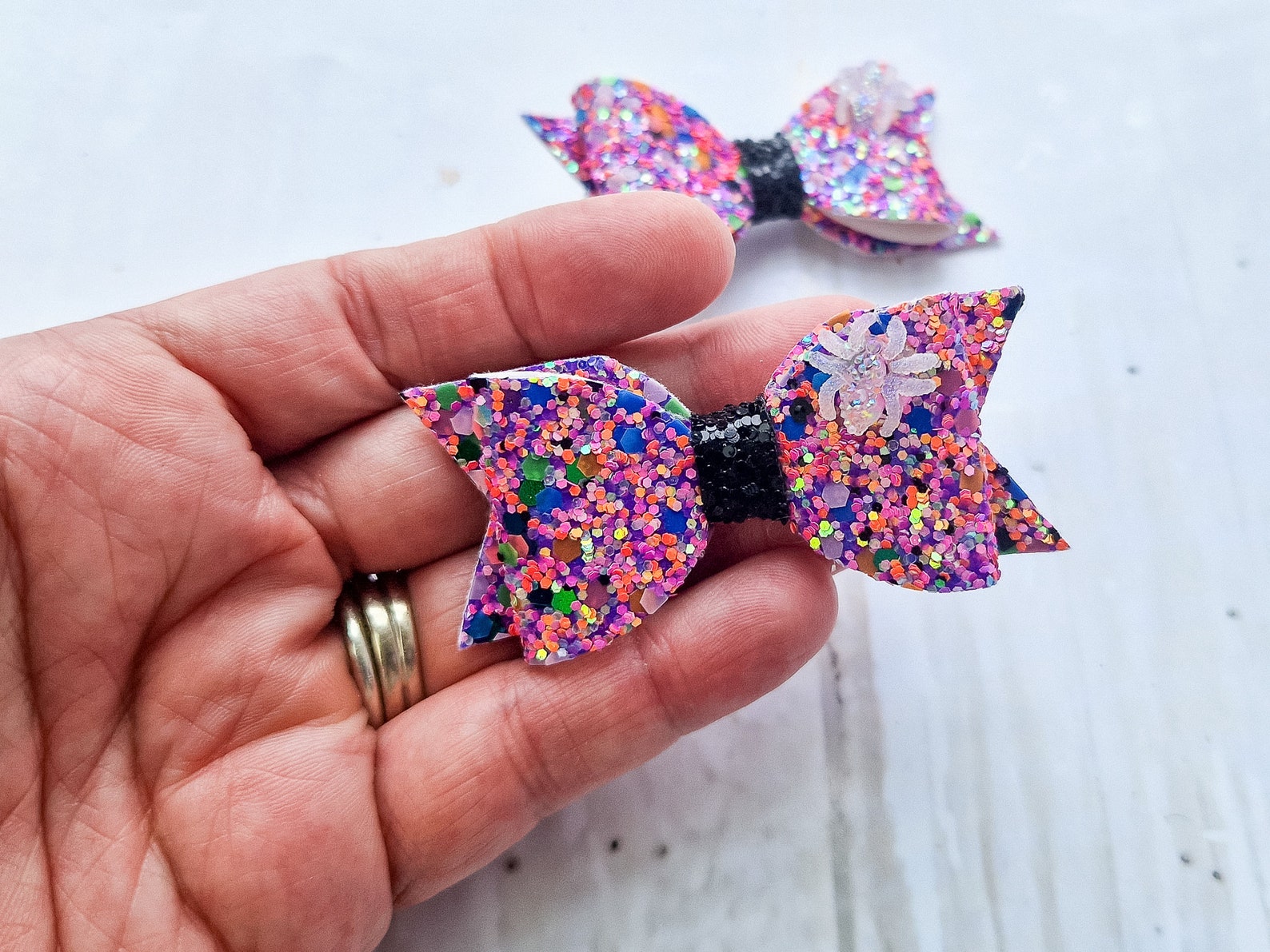 Pink Glitter Pigtail Bows x2 With White Spider Embellishment. Baby Hair ...