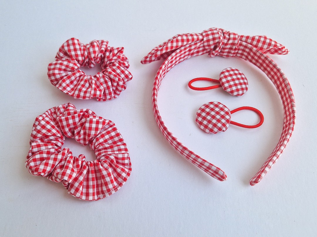 Girls School Hair Accessories Set, Red Gingham School Gift Set ...