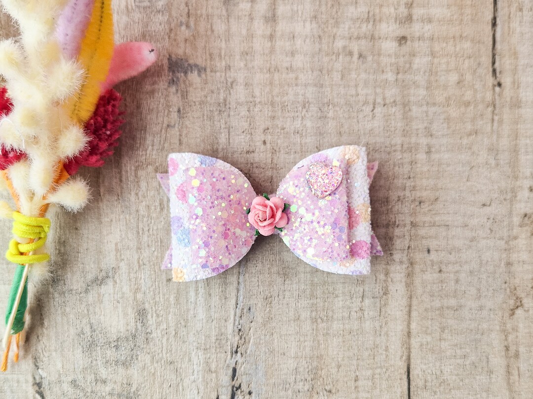 Pink Glitter Hairbow, in Pastel Colours With a Heart and Flower ...