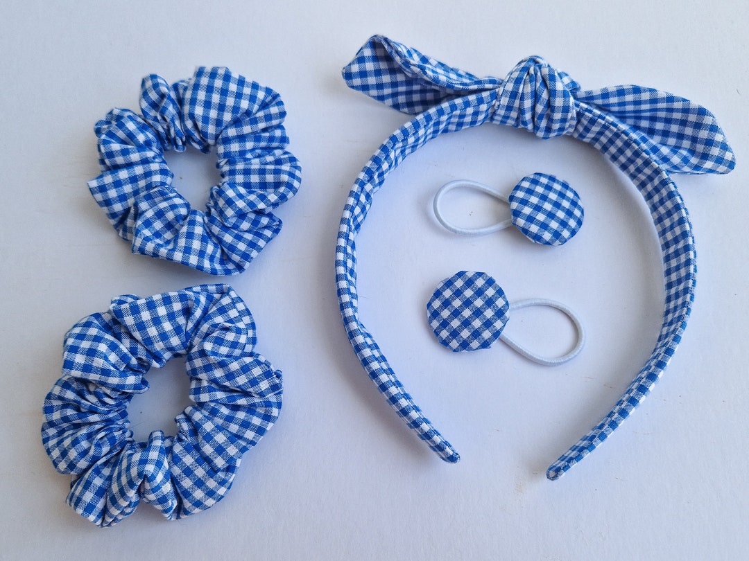 Blue Gingham School Hair Accessory Set. Includes Scrunchies, Headband ...
