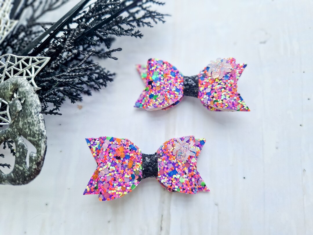 Pink Glitter Pigtail Bows (x2) With White Spider Embellishment. Baby ...