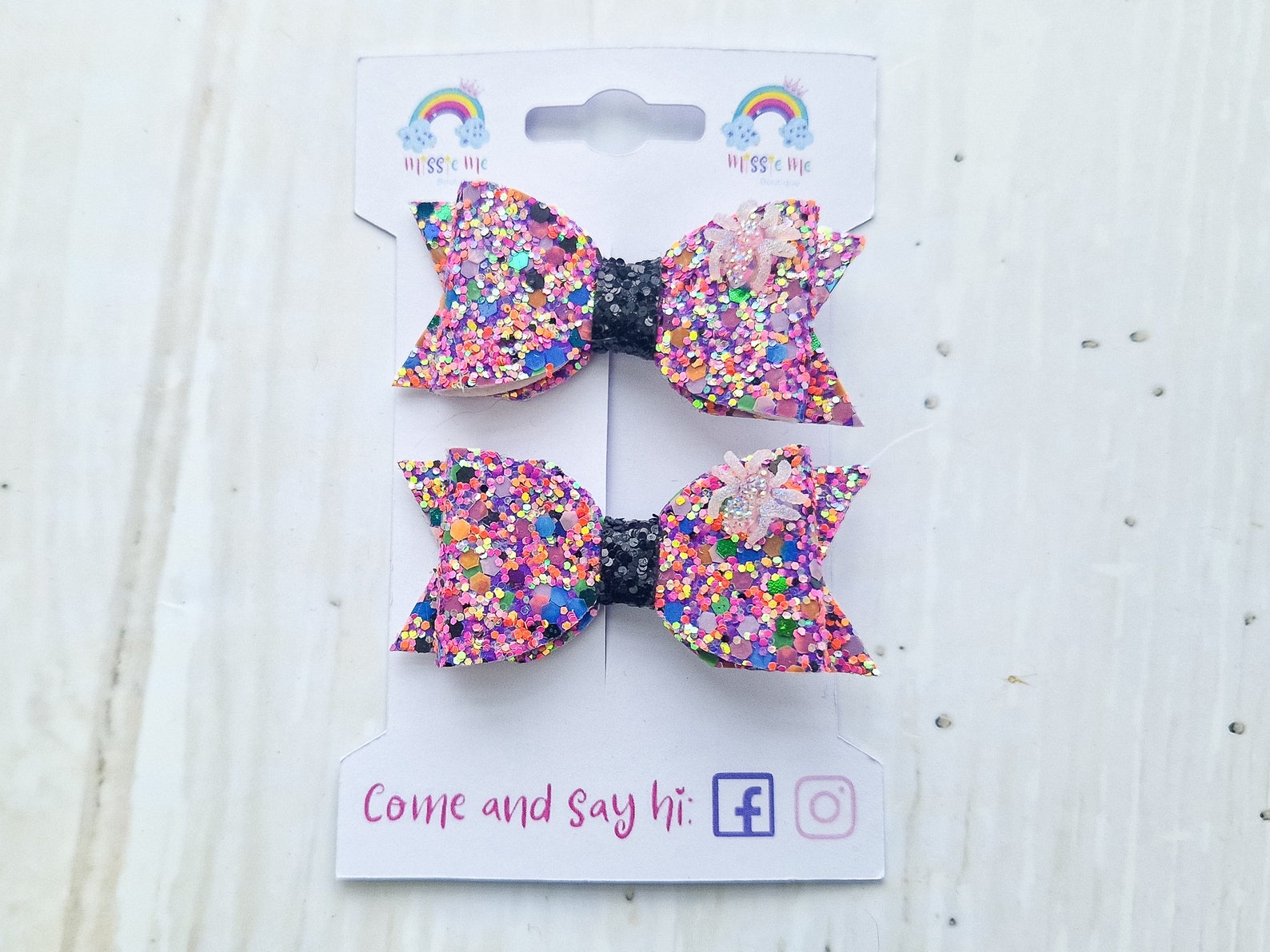 Pink Glitter Pigtail Bows x2 With White Spider Embellishment. Baby Hair ...
