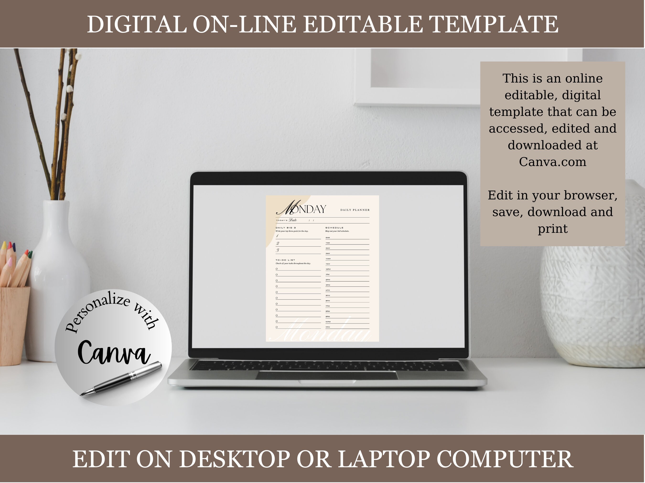 Editable Daily Planner Printable Customizable Canva Template for Daily ...