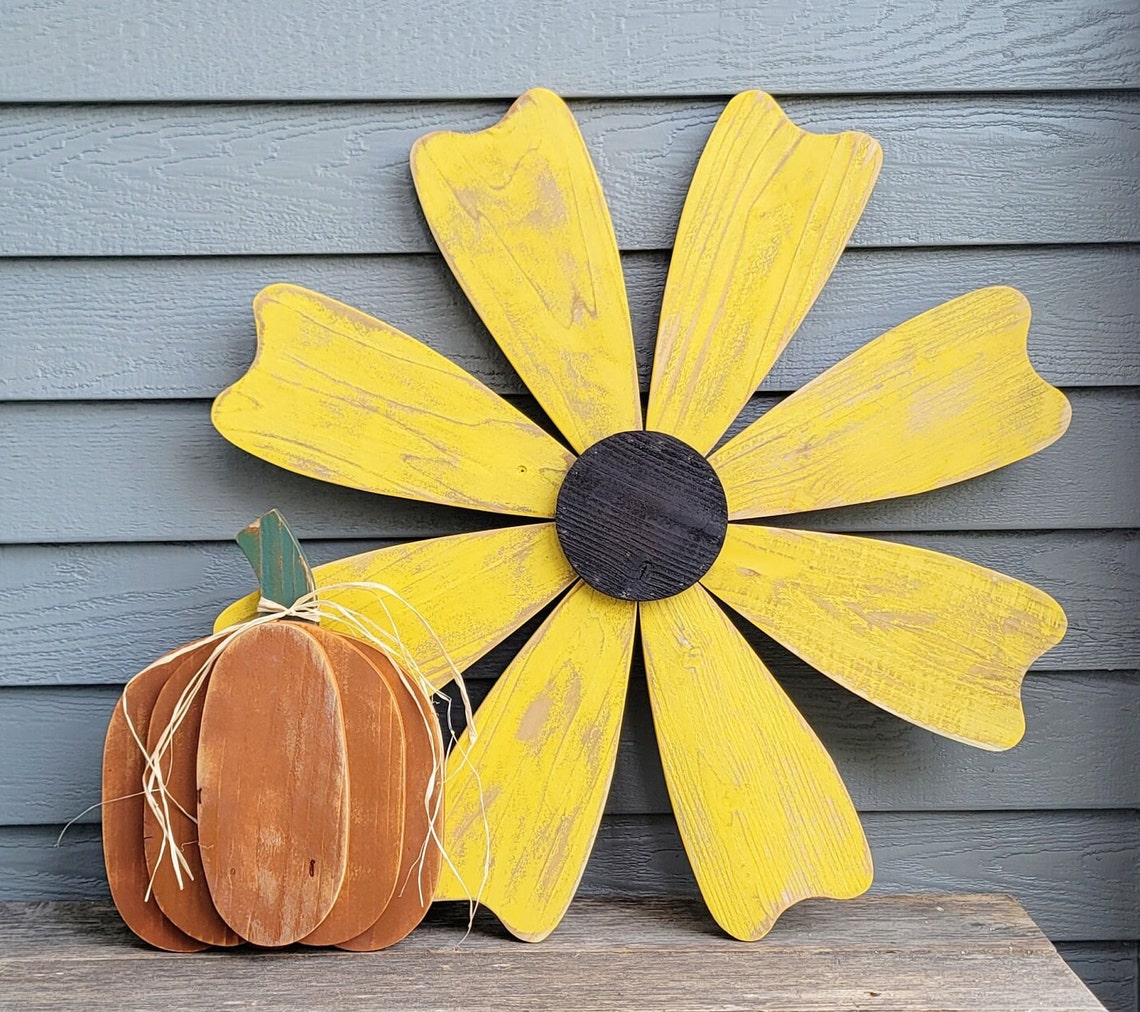 Rustic Wood Flower, Outdoor Wood Flower, Mustard Wood Flower, Fall Wood ...