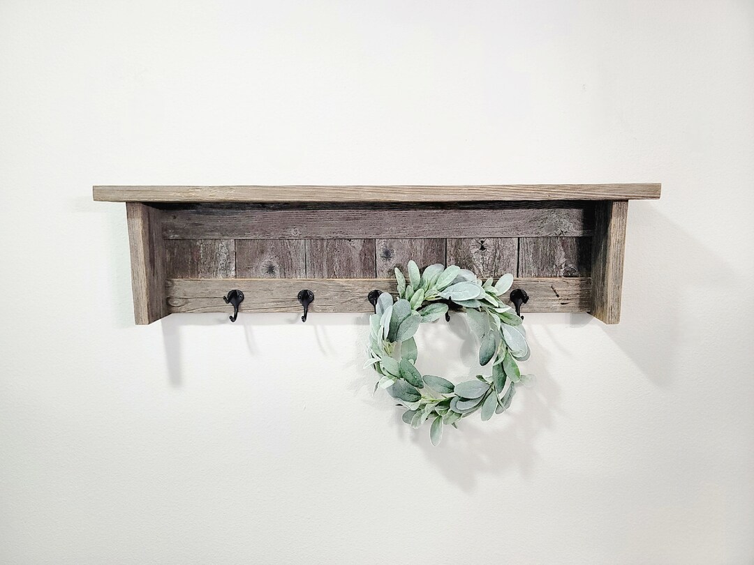 Rustic Barn Wood Shelf With 5 Hooks, Repurposed Wood Shelf, Rustic Wood ...