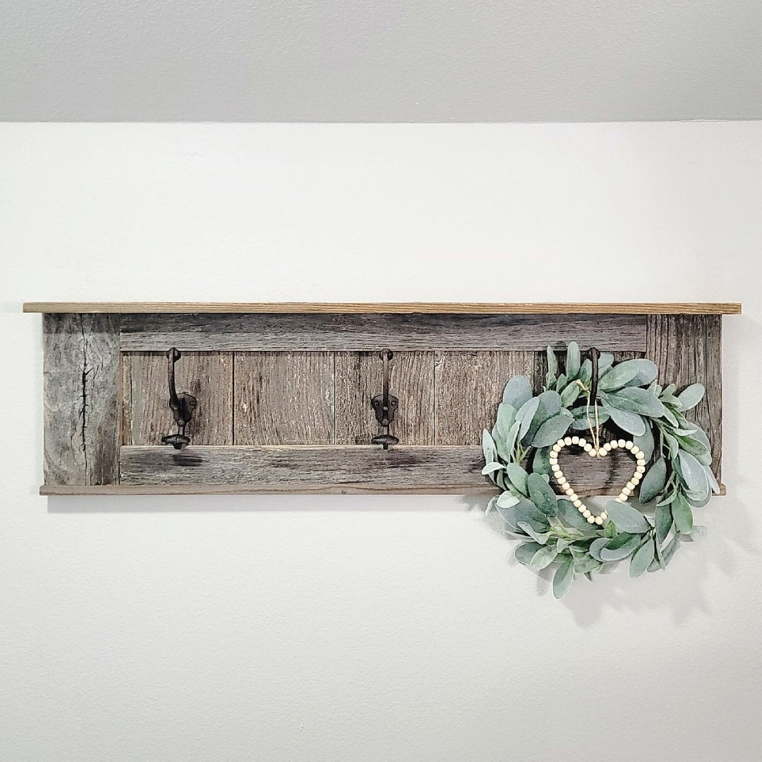 Rustic Barn Wood Shelf With 3 Hooks, Entry Way Coat Rack, Reclaimed ...