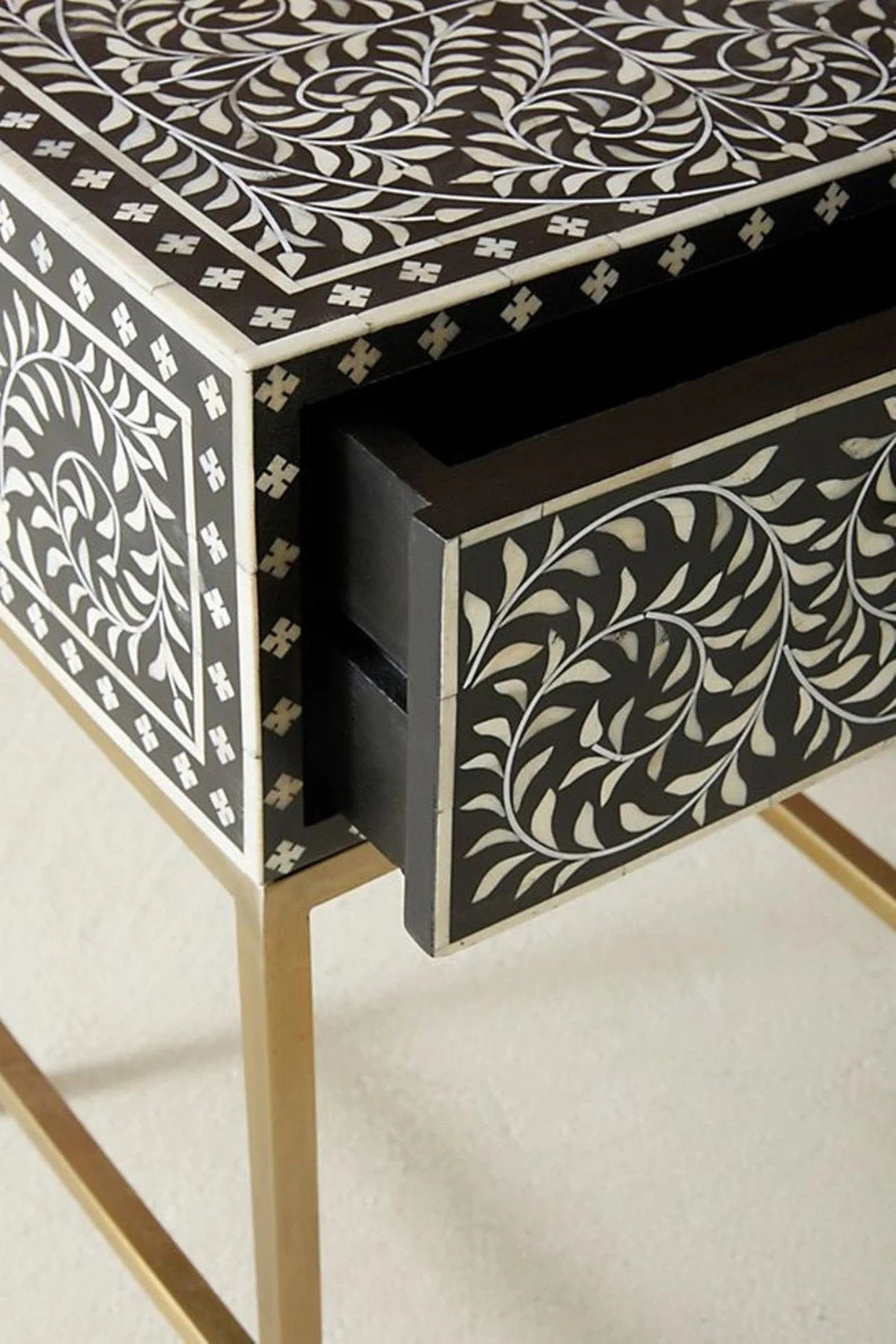 COMBO Bone Inlay Floral Bedside Table Black 2 Bone Inlay - Etsy