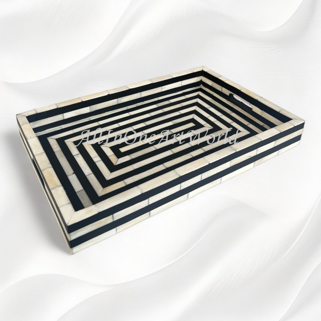 Bone Inlay Tray Stripe Black, Black Bone Inlay Serving Tray, Bone Inlay ...
