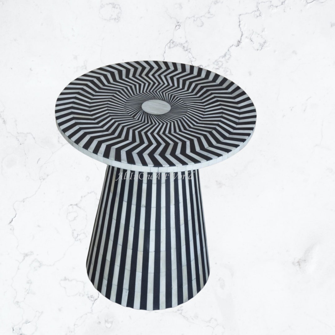 Chevron Bone Inlay Side Table, Bone Inlay Round Side Table Black, Black ...