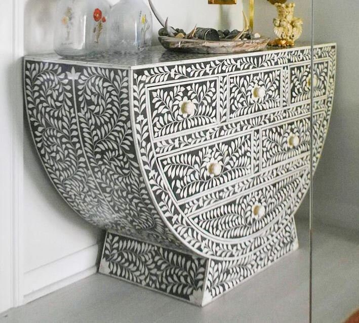 Floral Bone Inlay Curved Console Black - Etsy