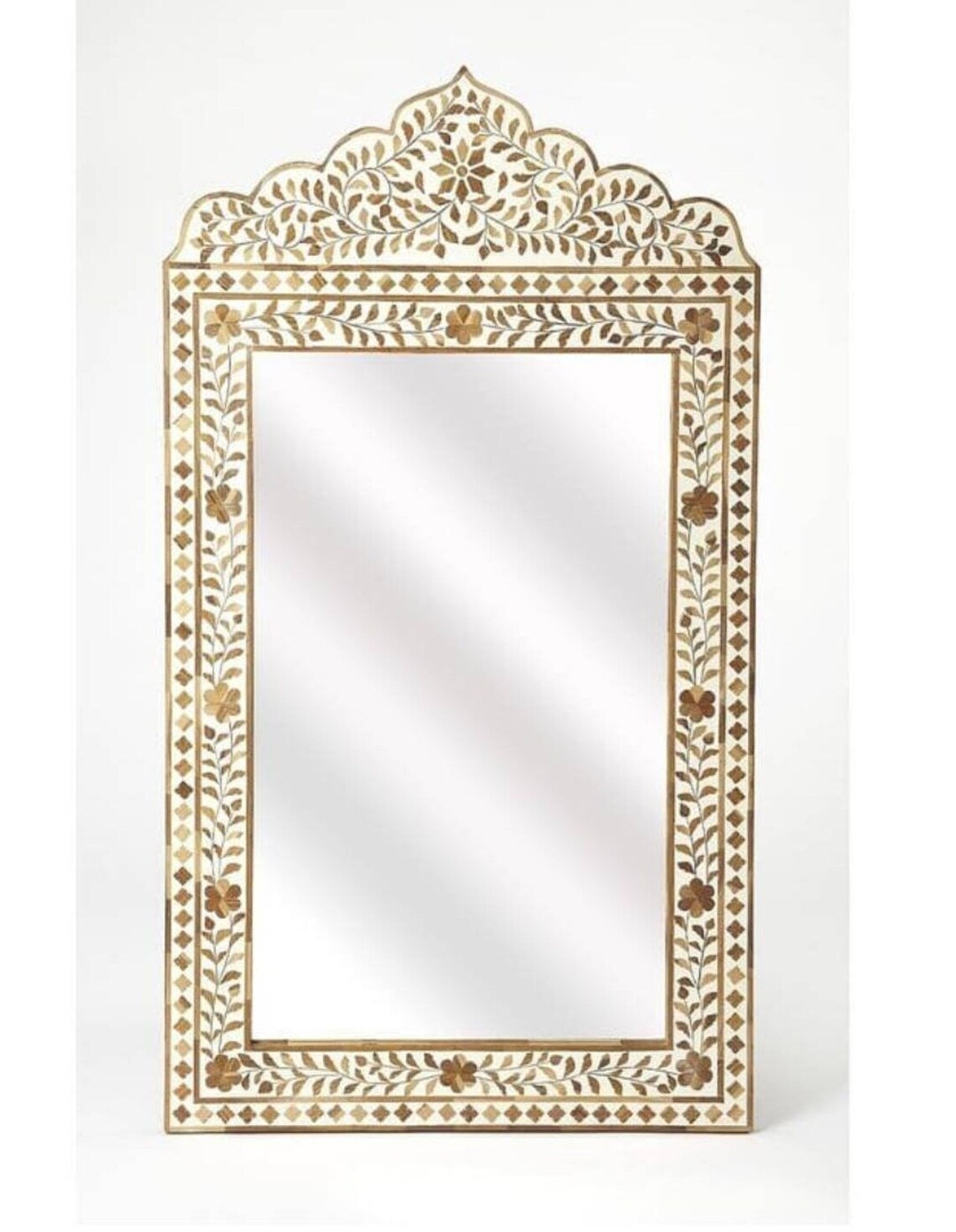 Mehrab Wood Inlay Mirror White, Brown and White Inlay Mirror, Bone and ...