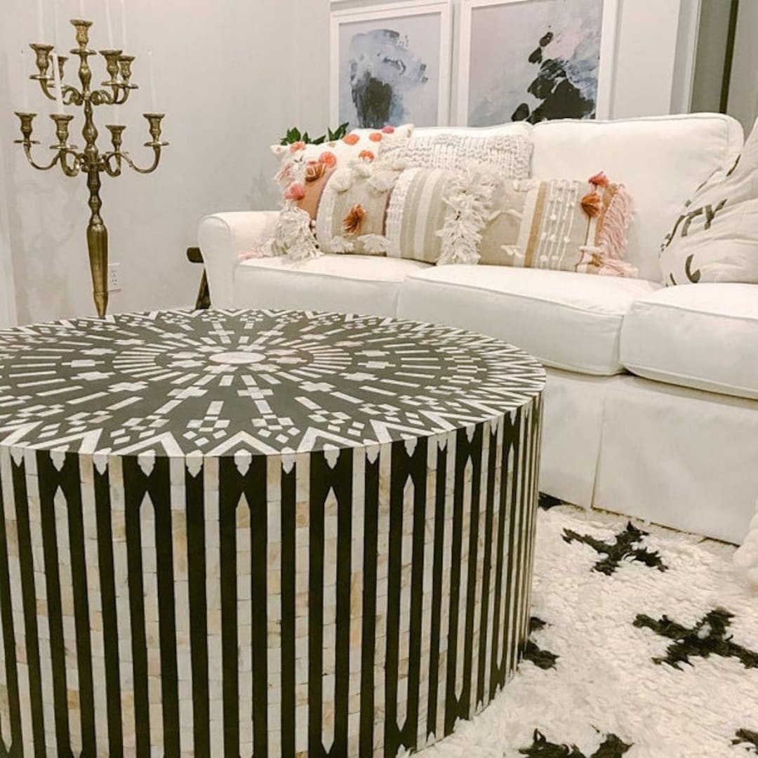 Black MOP Inlay Coffee Table, Strip Line Pattern, Mother of Pearl Inlay ...