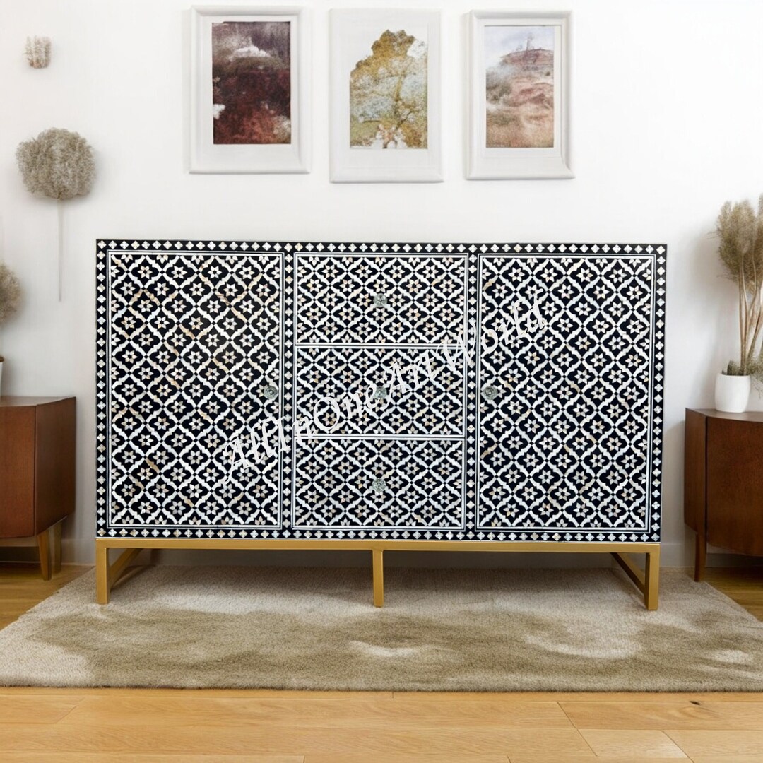 Arctic MOP Inlay Sideboard Navy Blue,mother of Pearl Inlay Cabinet, Mop ...