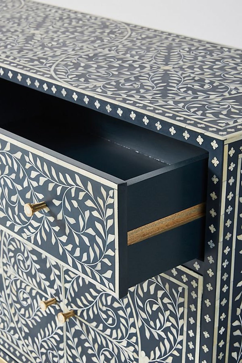 Scroll Vine Bone Inlay Buffet, Bone Inlay Floral Buffet Blue, Bone ...