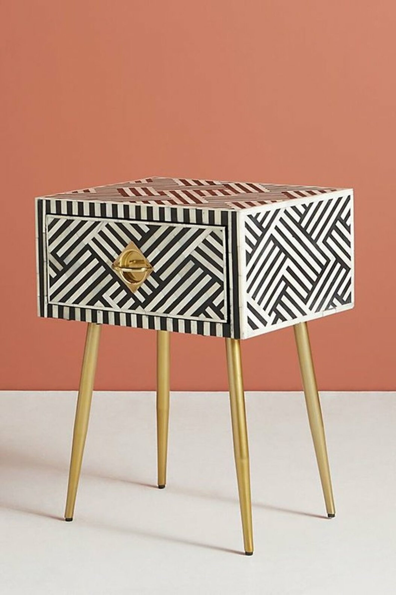 Black Optical Bone Inlay Bedside, Optical Bone Inlay Nightstand, Bone ...