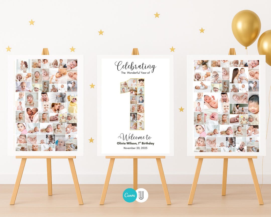 First Birthday Photo Collage Welcome Sign - Editable Canva Template ...