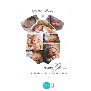 Newborn Photo Collage Baby Stats Birth Announcement Canva Template Baby ...