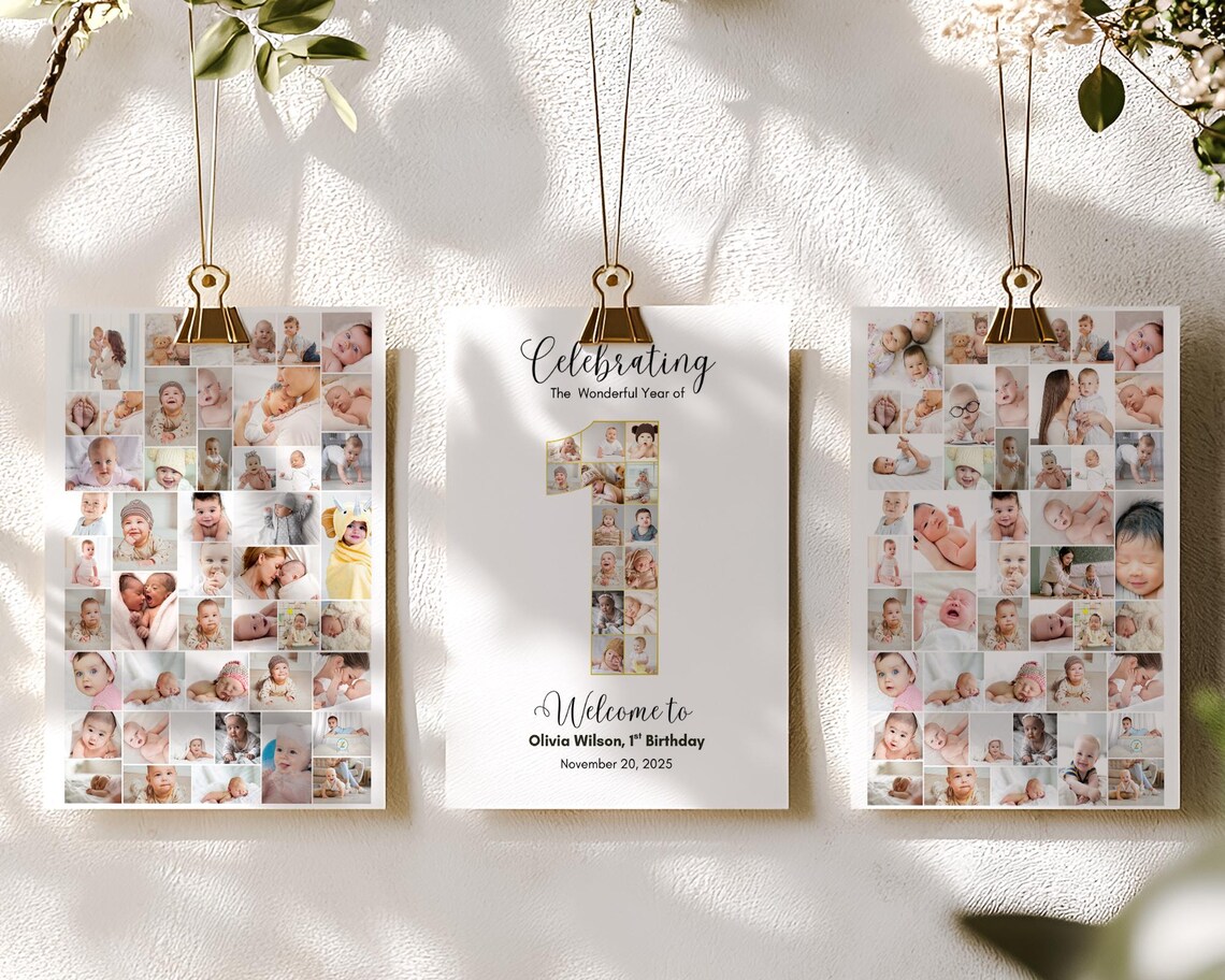First Birthday Photo Collage Welcome Sign - Editable Canva Template ...