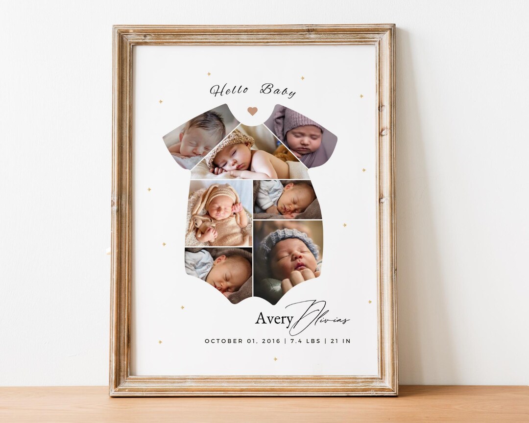 Newborn Photo Collage Baby Stats Birth Announcement Canva Template Baby ...