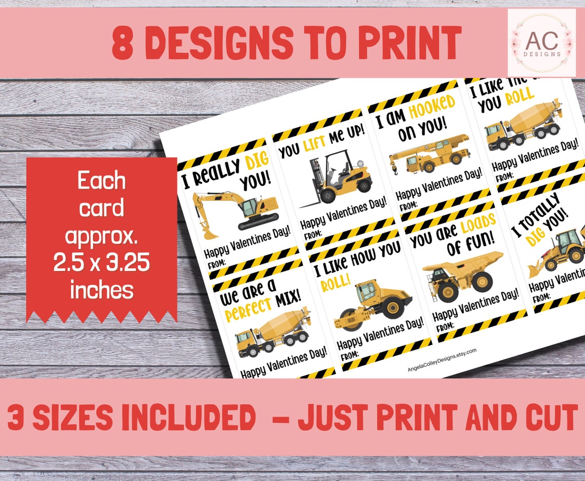 Printable Construction Vehicles Valentines Day Cards for Kids - Etsy