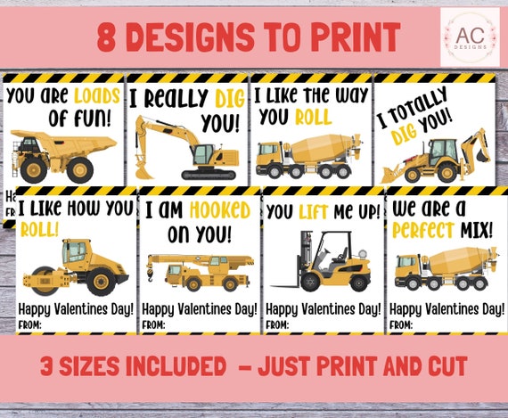 Printable Construction Vehicles Valentines Day Cards for Kids | Etsy