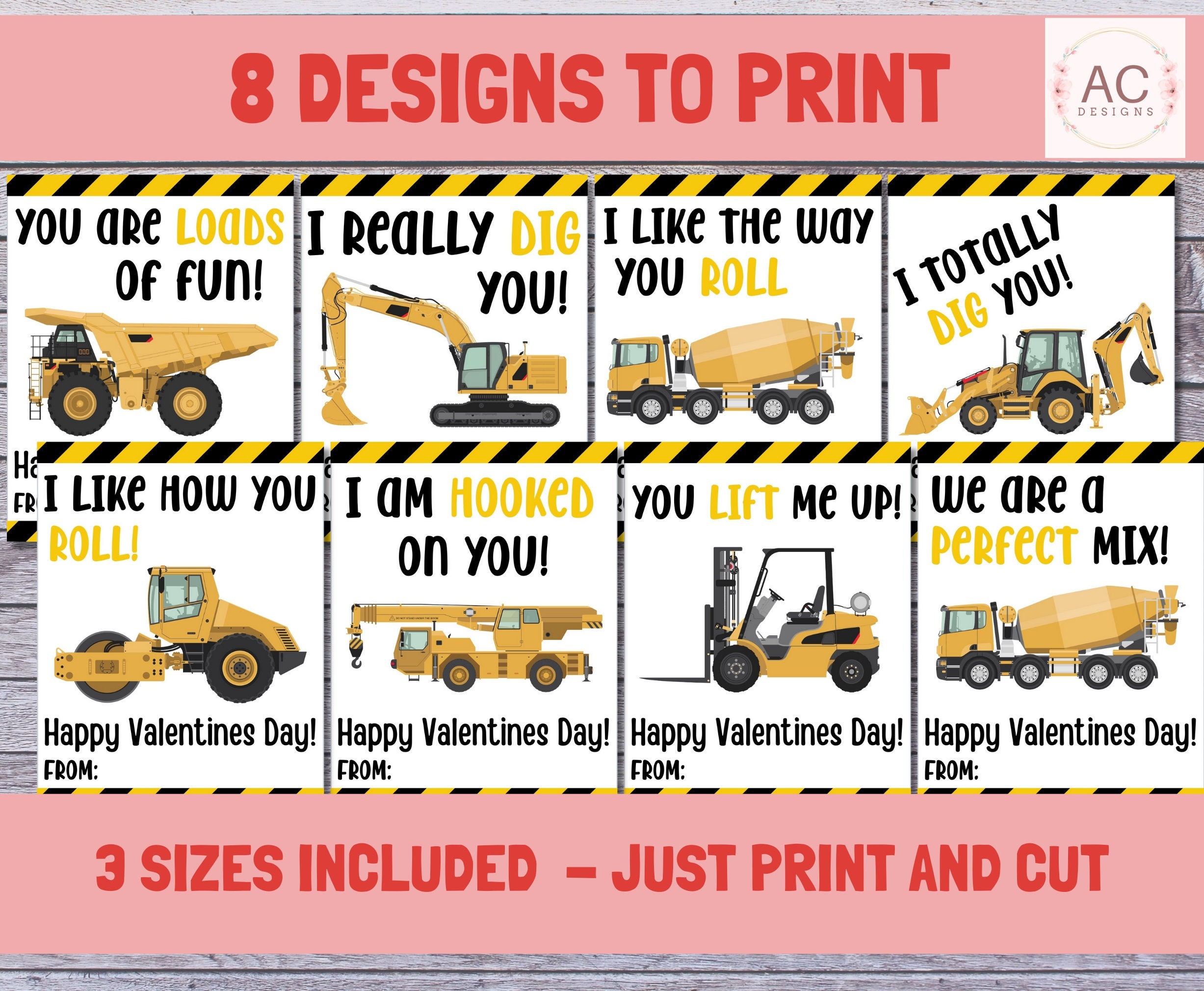 Printable Construction Vehicles Valentines Day Cards for Kids ...