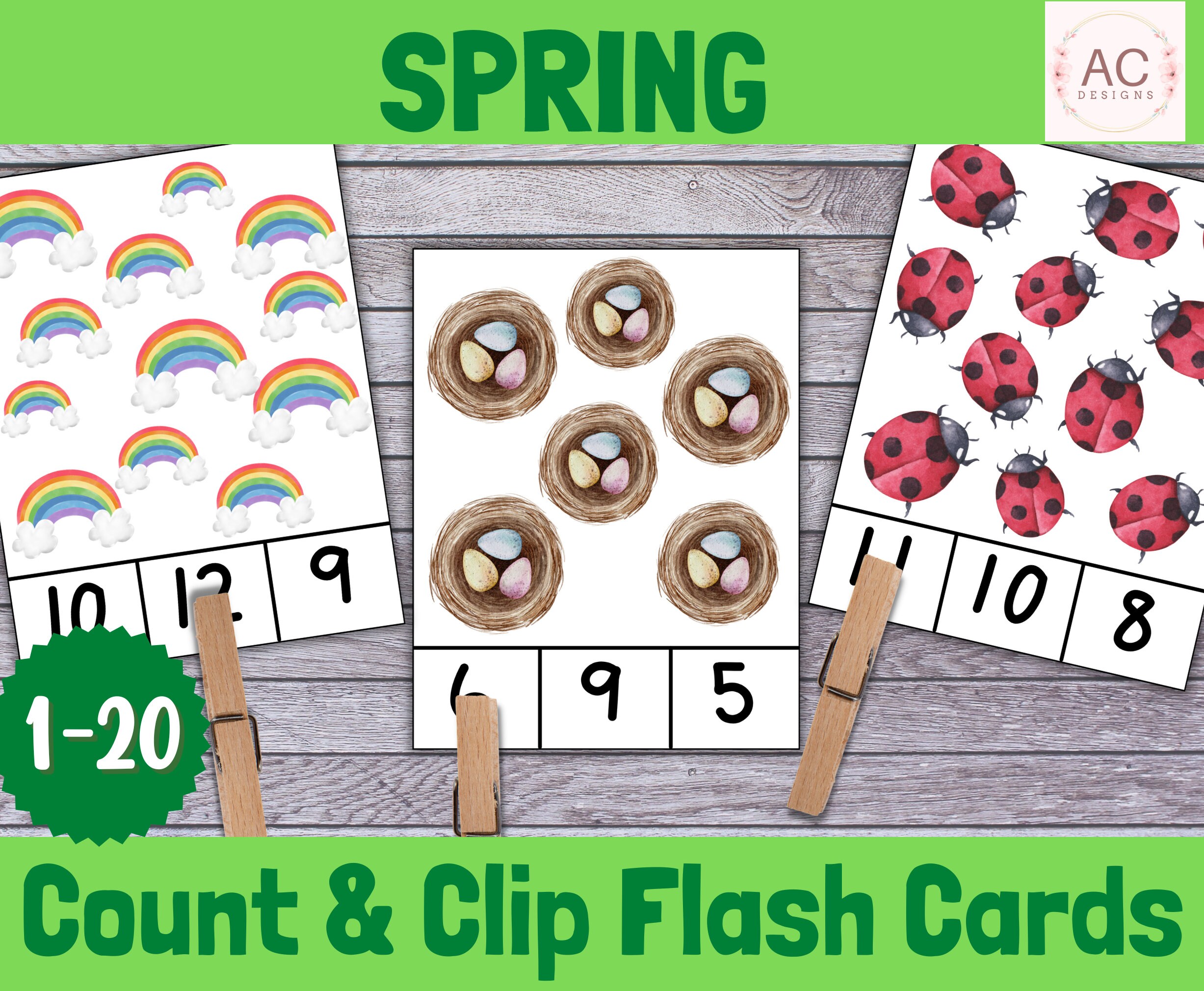 Spring Count and Clip Flash Cards, Educational Hands-on Math Activity ...